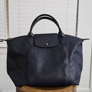 Longchamp | Bags | Longchamp Le Pliage Cuir M Leather Bag Navy Medium Top Handle | Poshmark